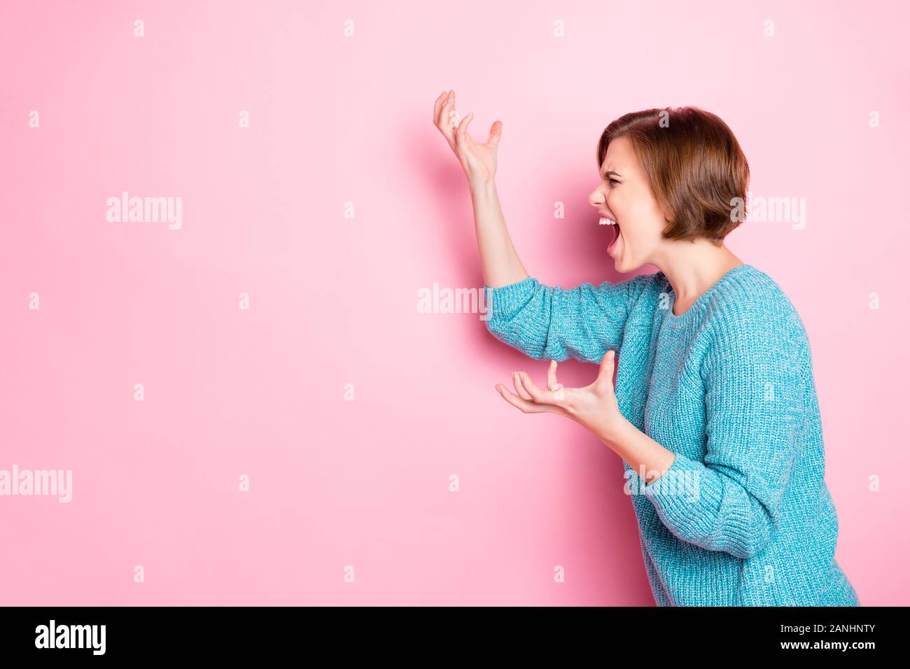 Side profile photo portrait of angry aggressive girl gesturing hands ...