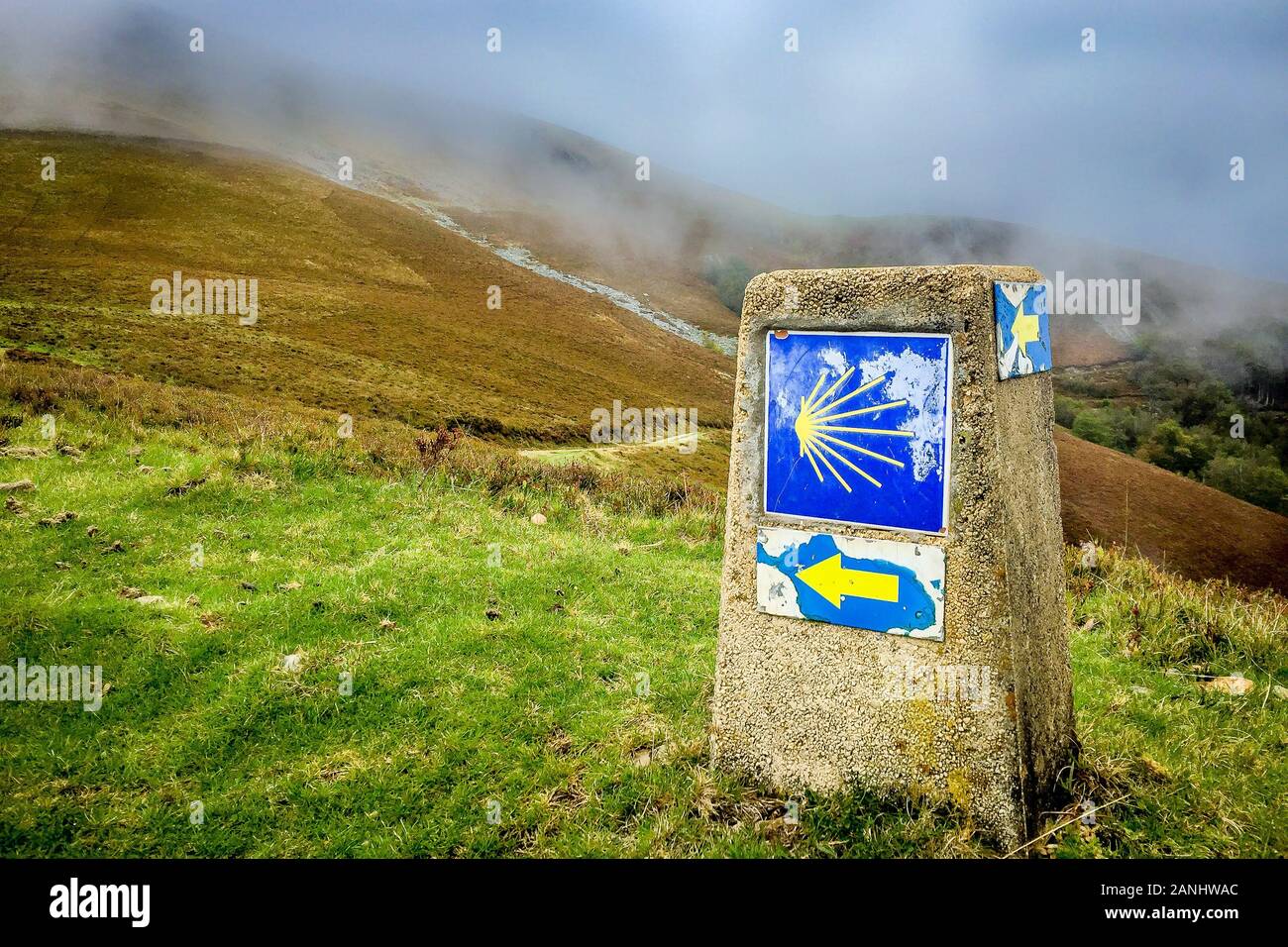 The Way Marking Post with Scallop Shell Symbol and Yellow Arrow Sign in ...