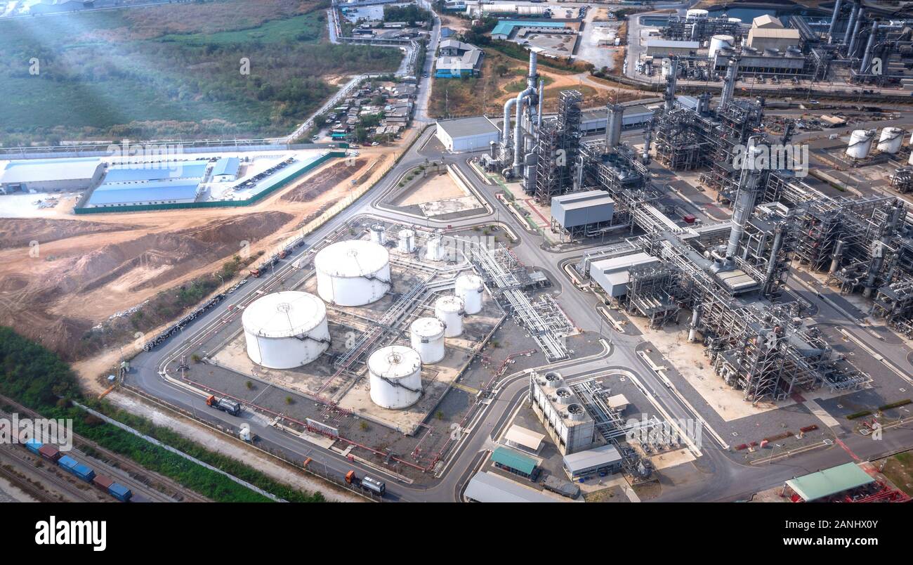 Top view oil refinery industry zone, Industrial manufacturing ...