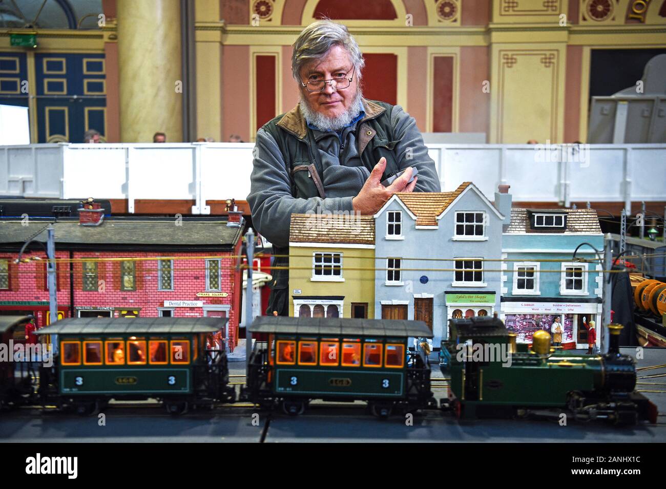 Model engineer, Alan Pearce, watches a model Roundhouse Lady Anne steam ...