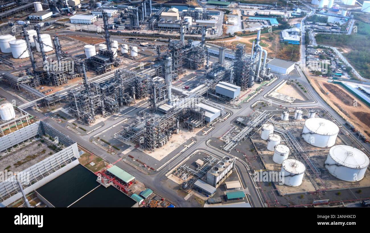 Top view oil refinery industry zone, Industrial manufacturing ...