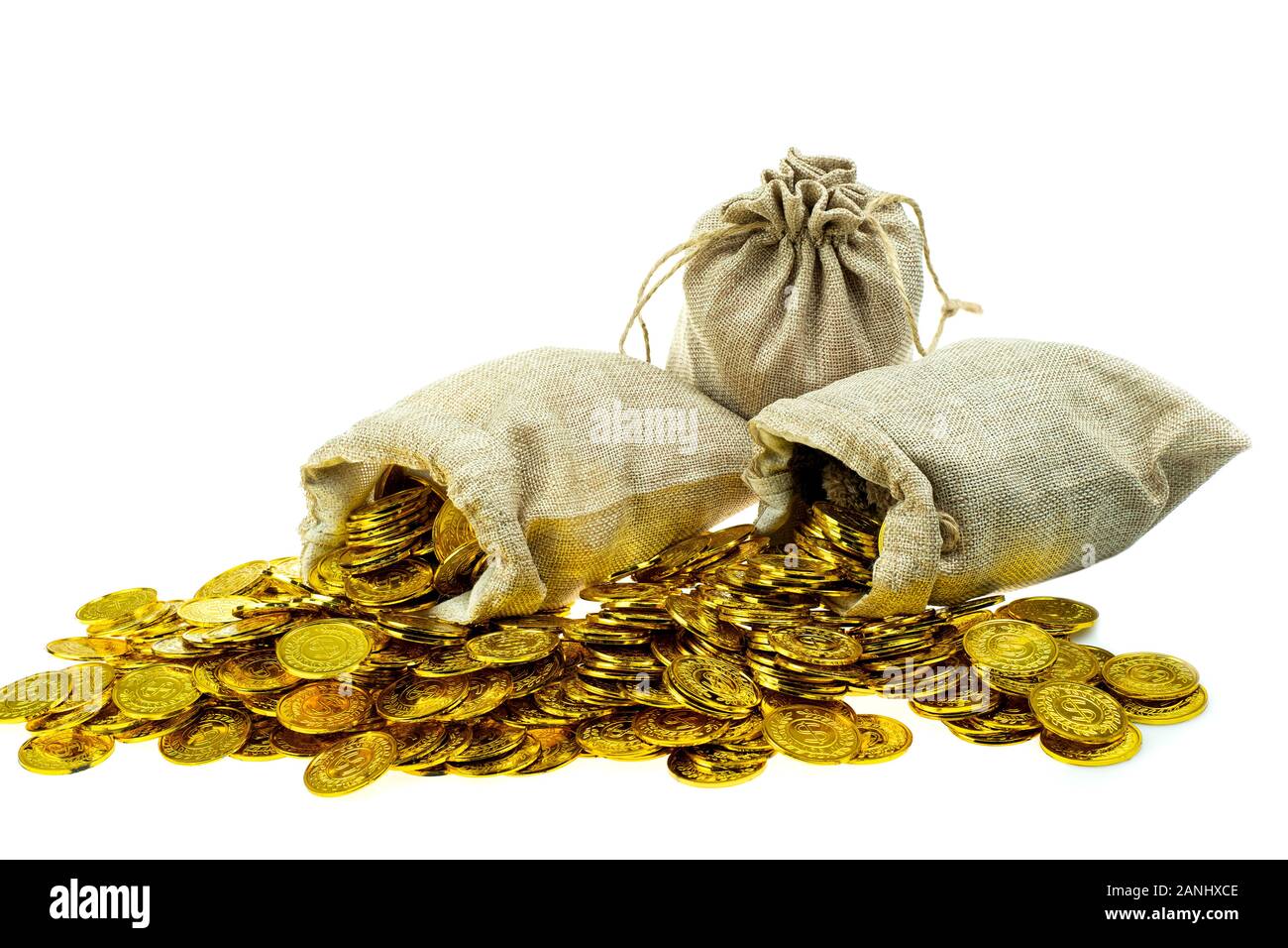 Stacking gold coin in treasure sack on white background Stock Photo - Alamy