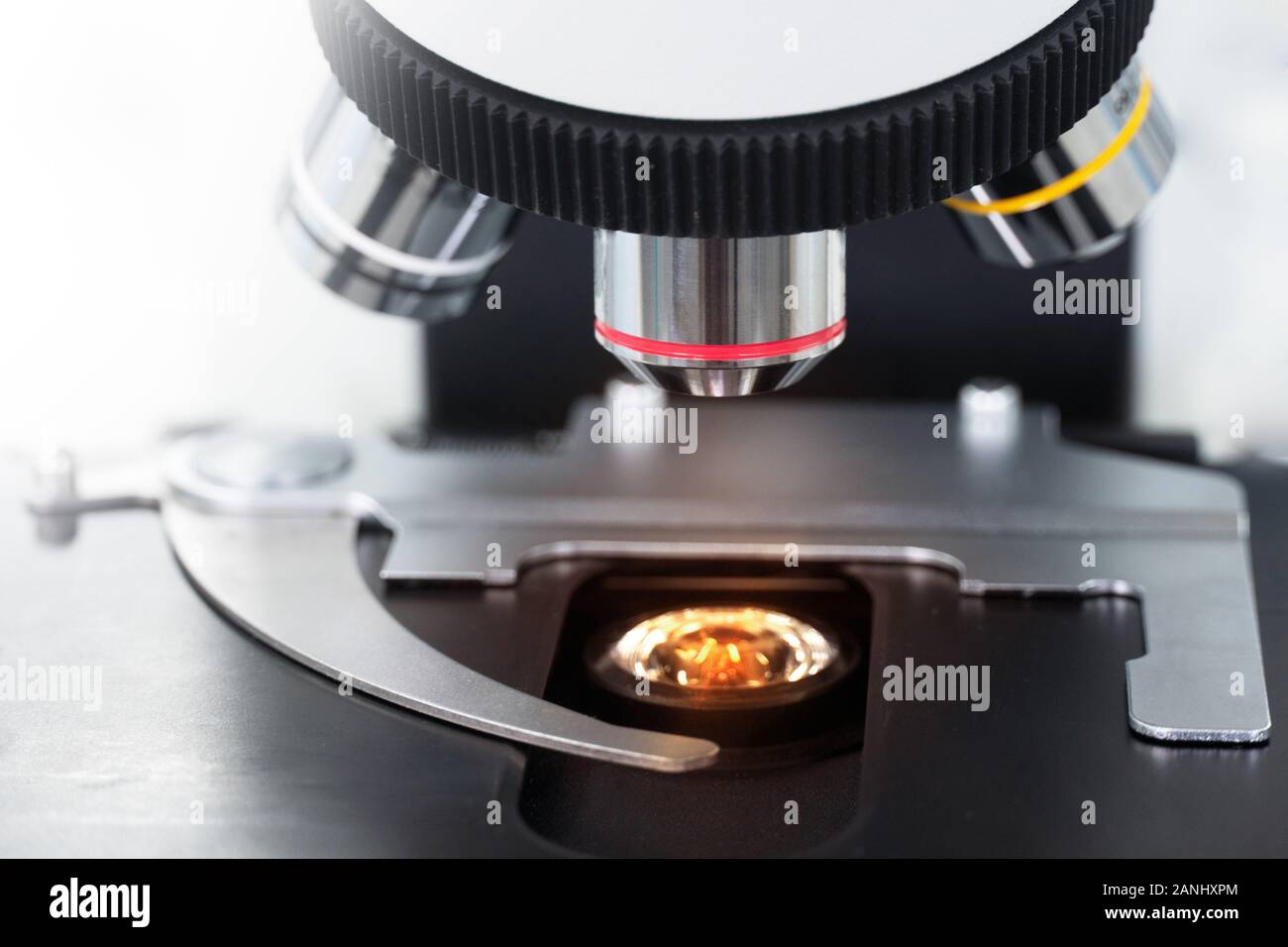 closed up microscope lens in biology medical science laboratory ...
