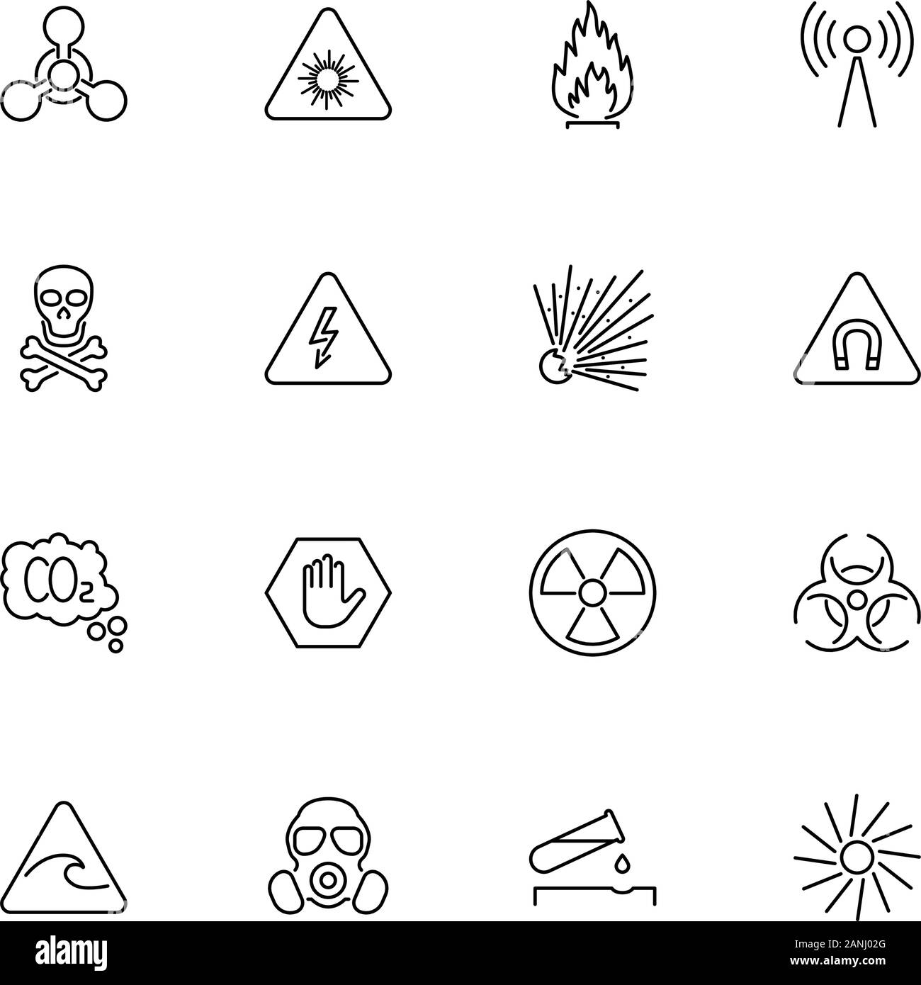 Danger, Warning, Safety outline icons set - Black symbol on white ...