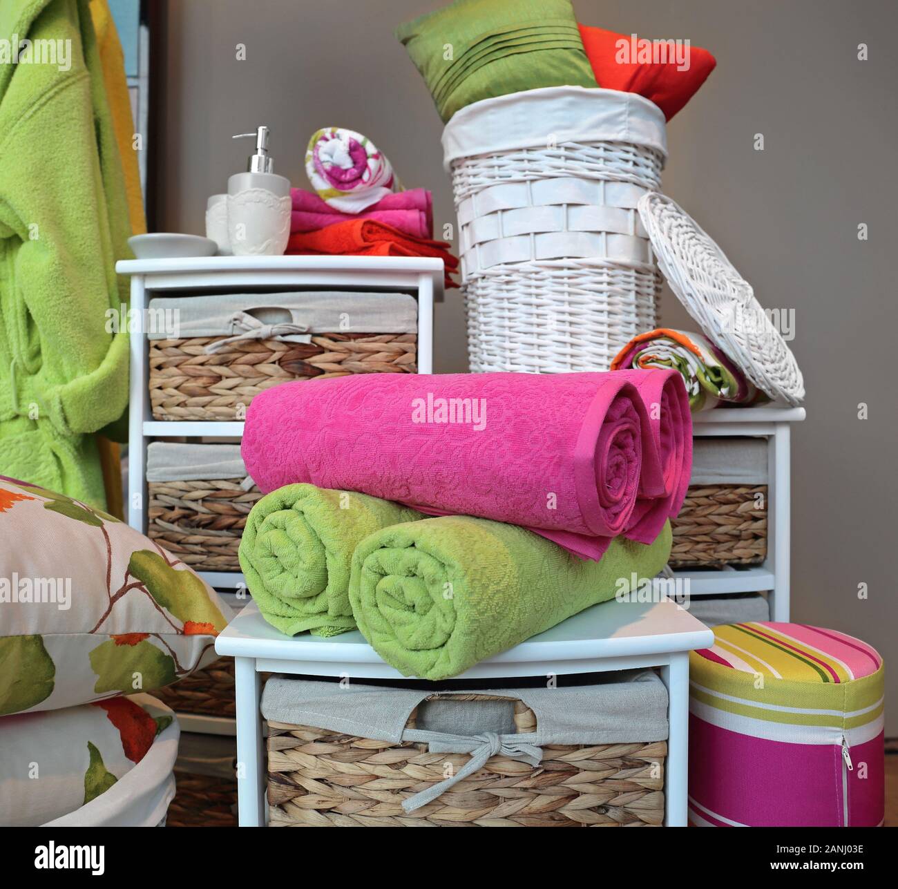 Roll of Terry Towels at Cabinet in Bathroom Stock Photo - Alamy