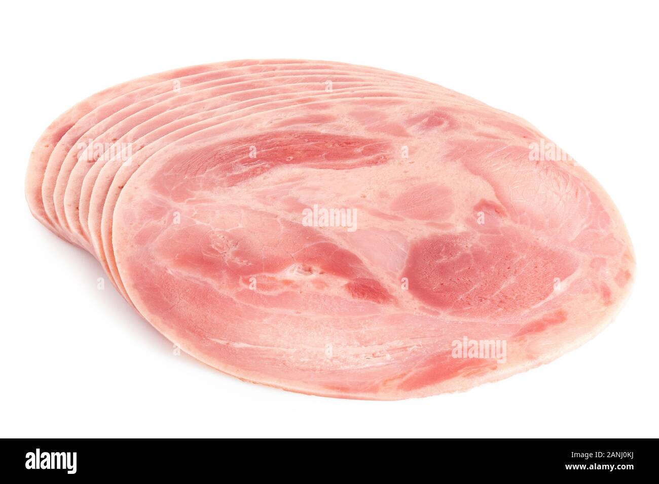 Flat slices of round ham sausage isolated on white Stock Photo - Alamy