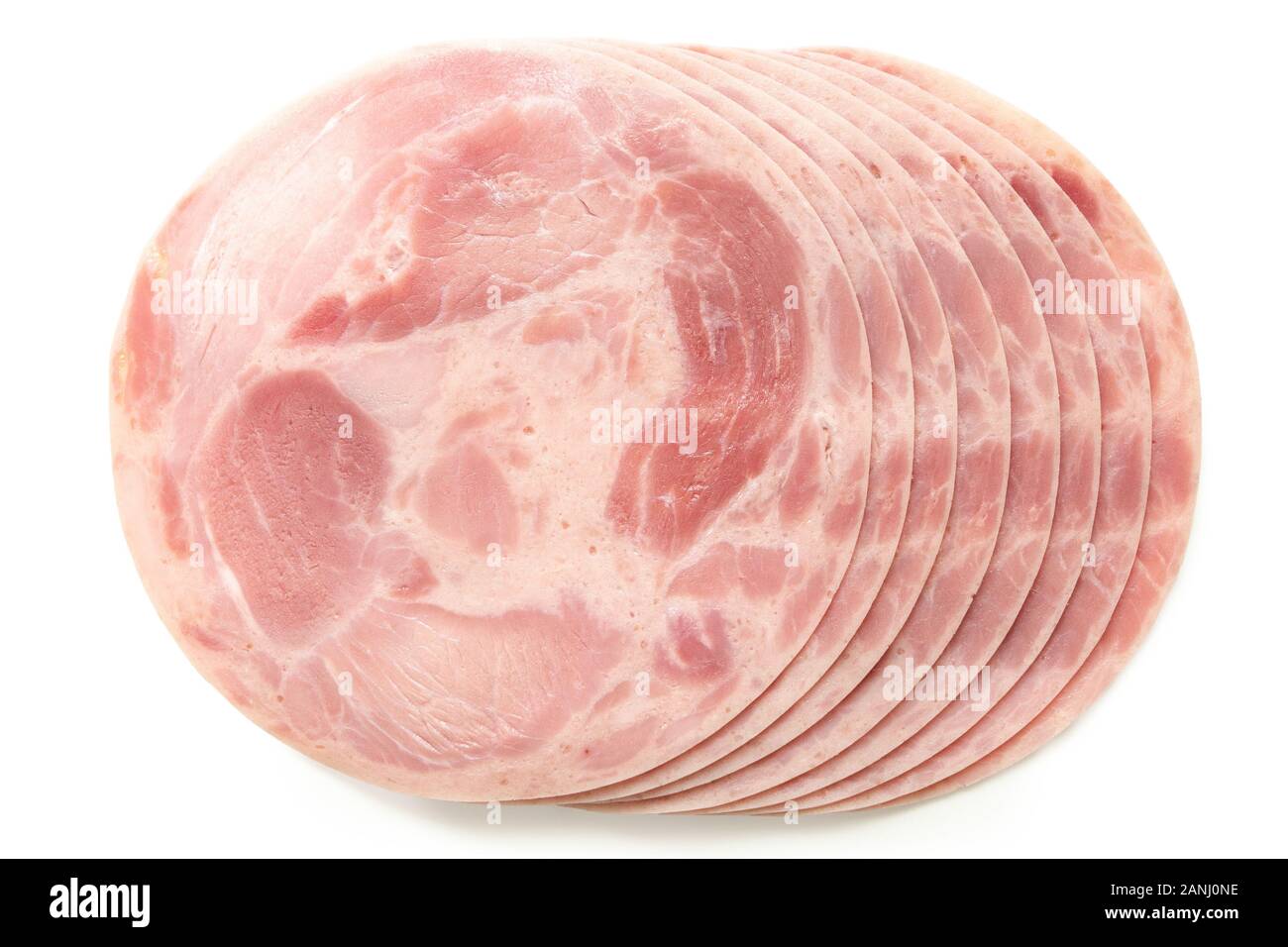 Flat slices of round ham sausage isolated on white from above Stock ...