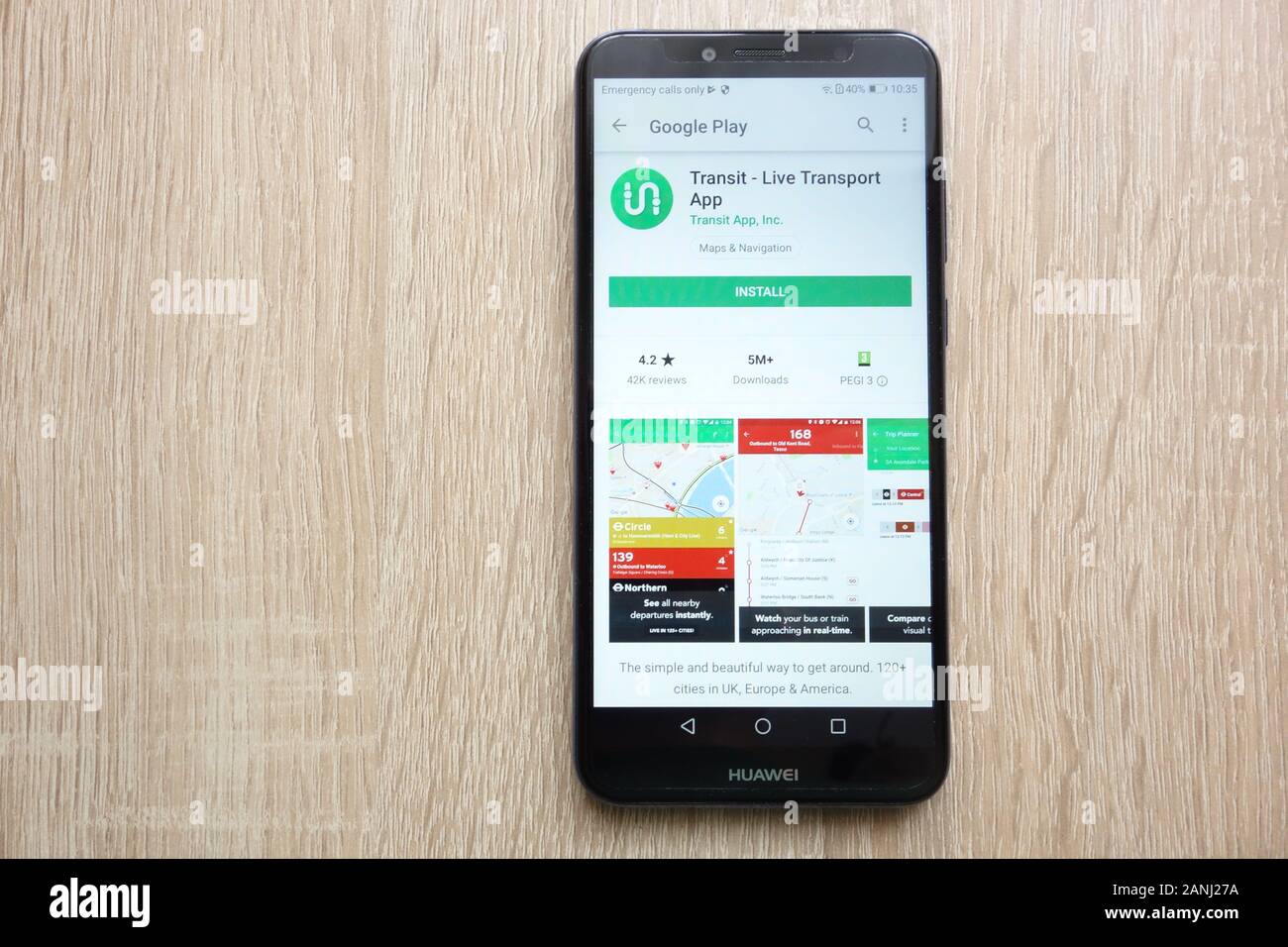 Transit - Live Transport app on Google Play Store website displayed on Huawei Y6 2018 smartphone ...