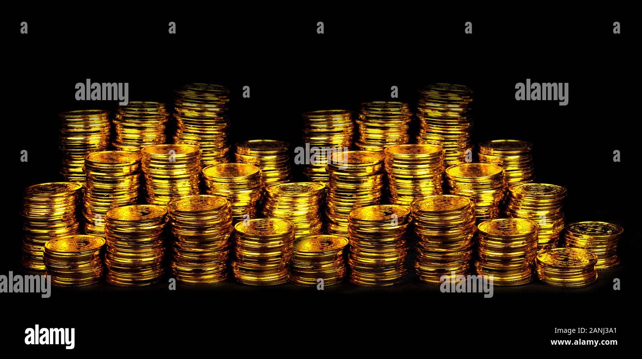 Stacking gold coin in treasure stack at black background Stock Photo ...