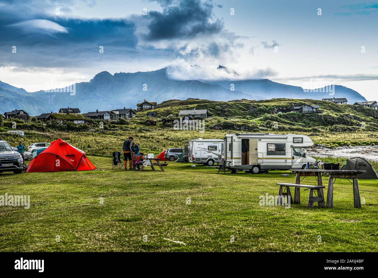 Norway. Norvegia. Lofoten Islands. Camping at Hov beach Stock Photo - Alamy