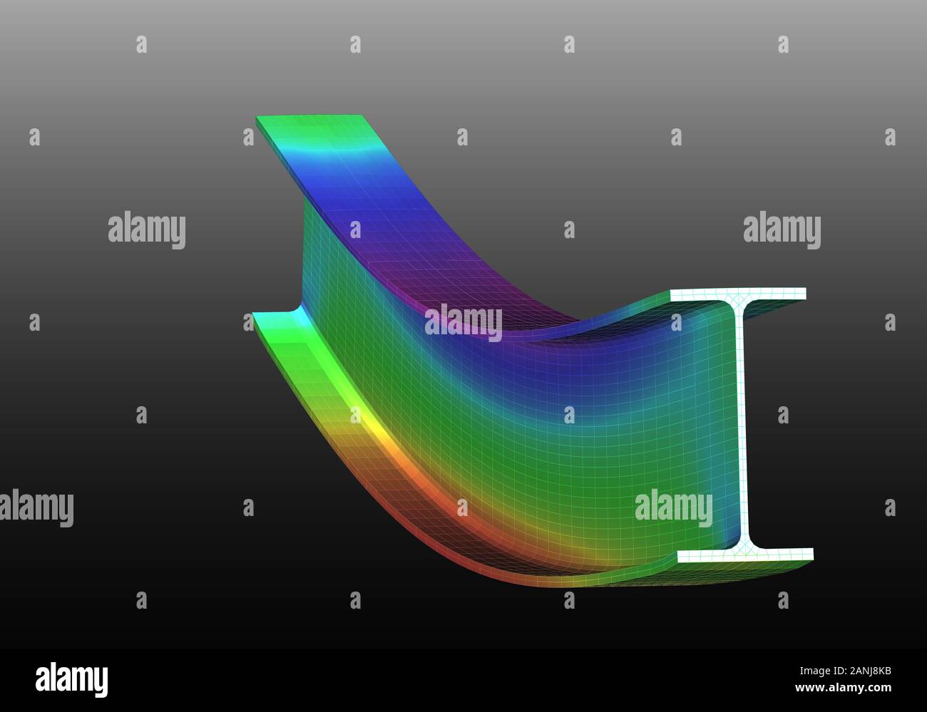 A simple supported I-beam bending. 3D view of mesh deformation and plot ...