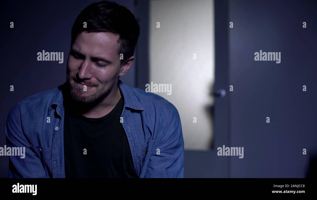 Desperate man crying, experiencing life troubles, small girl standing ...