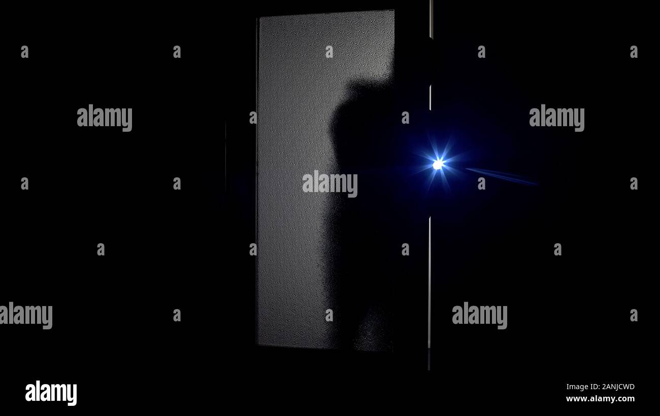 Burglar shadow with flashlight breaking into bank, unsafely alarm ...