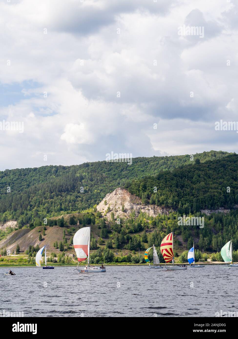Sailing yacht river Stock Photo - Alamy