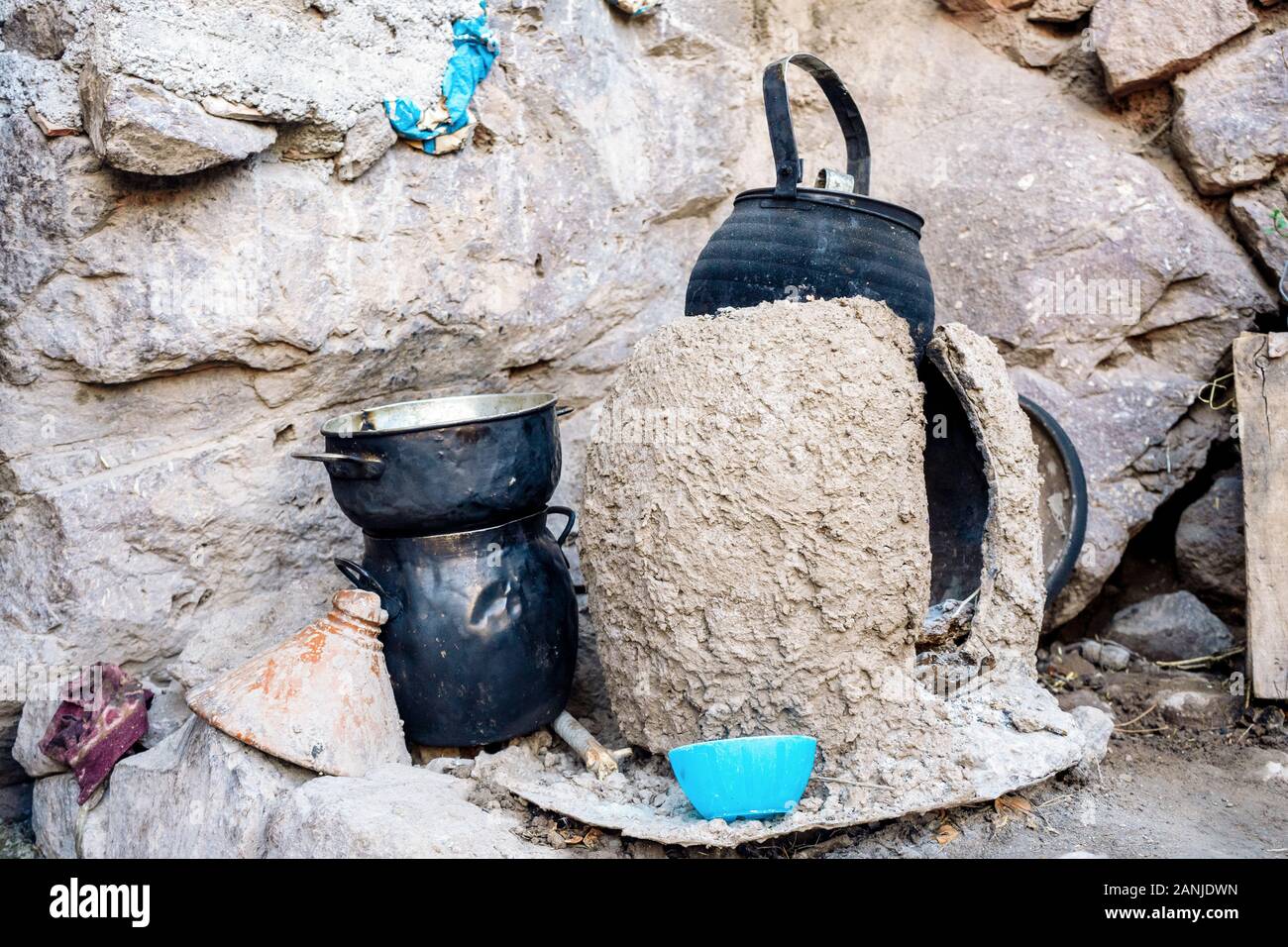 Outdoor traditional Berber kitchen in mountains of Morroco, Africa ...