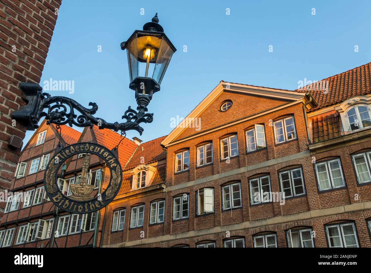 Sign of the Low German Library at the historical Peterstrasse, Hamburg ...