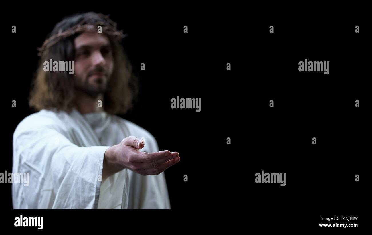 Jesus Christ white cloth stretching out hand, religious support, peace ...