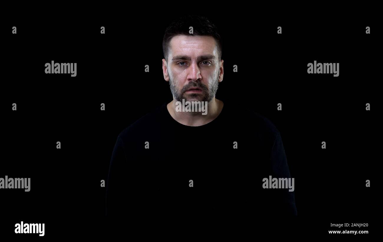 Crying depressed man looking camera, breakup depression, life crisis ...