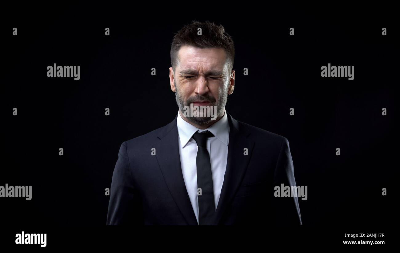 Scared man with closed eyes, post-traumatic stress disorder, phobia ...