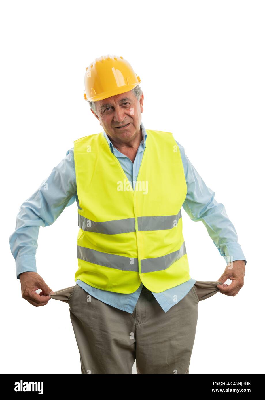 Old builder showing pockets of pants or trousers as cashless concept ...
