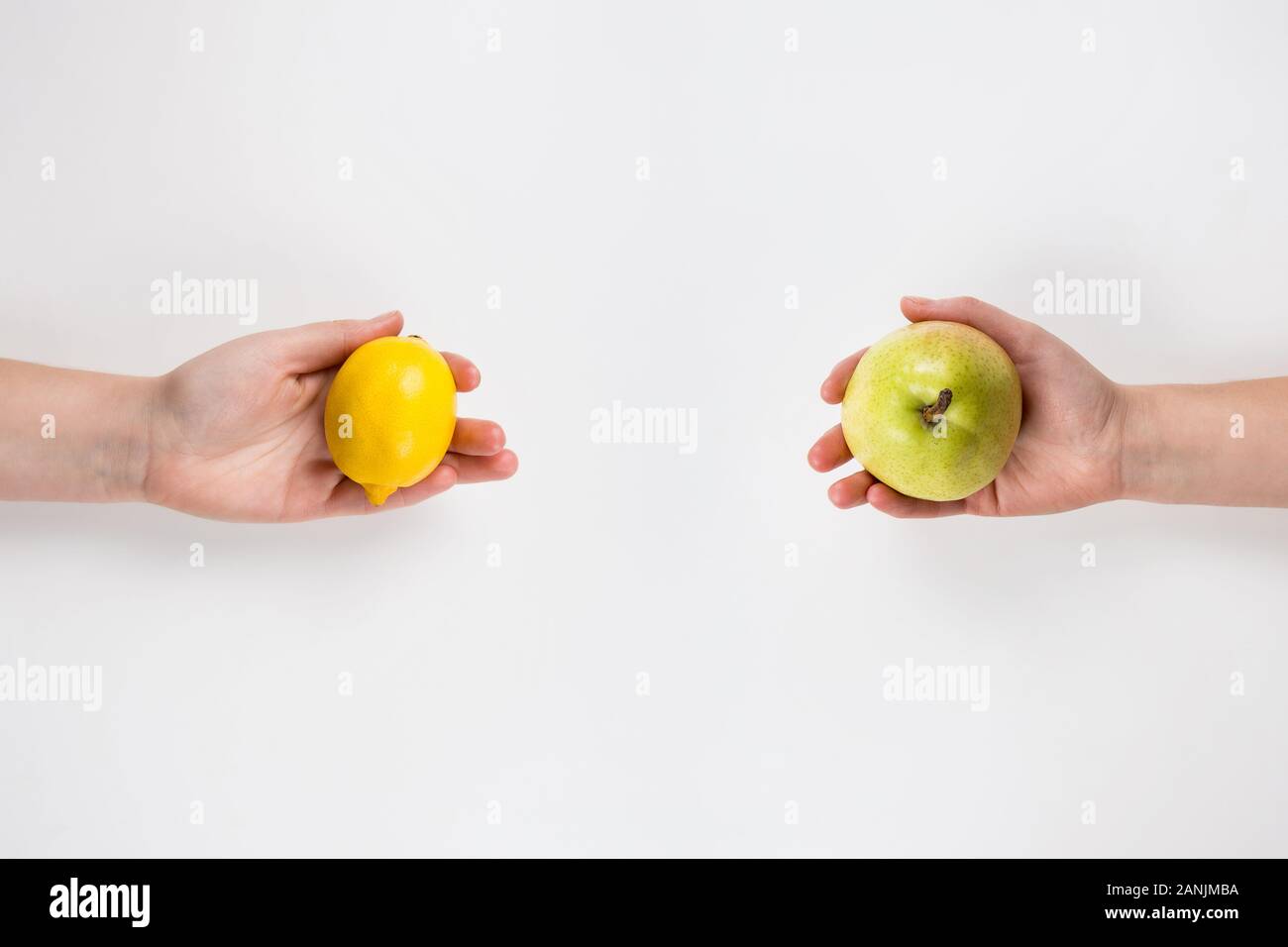 Close up of human hands exchanging different products isolated on white ...
