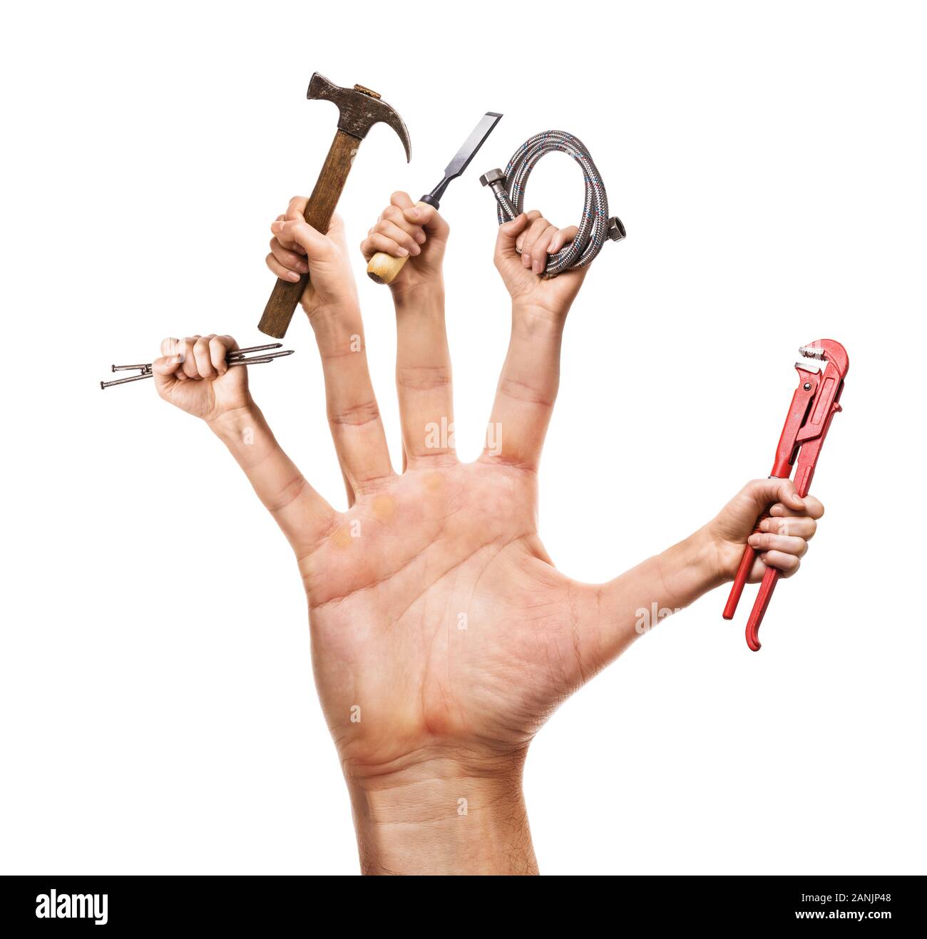 Various building tools in hand, isolated on a white background ...