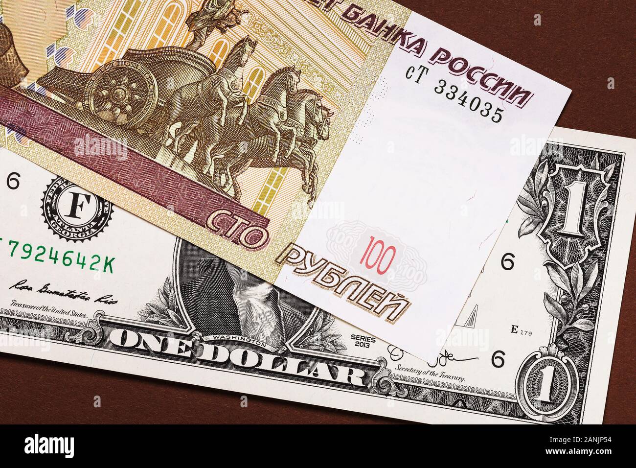 One hundred Russian rubles on a dollar bill, top view. Currency ...