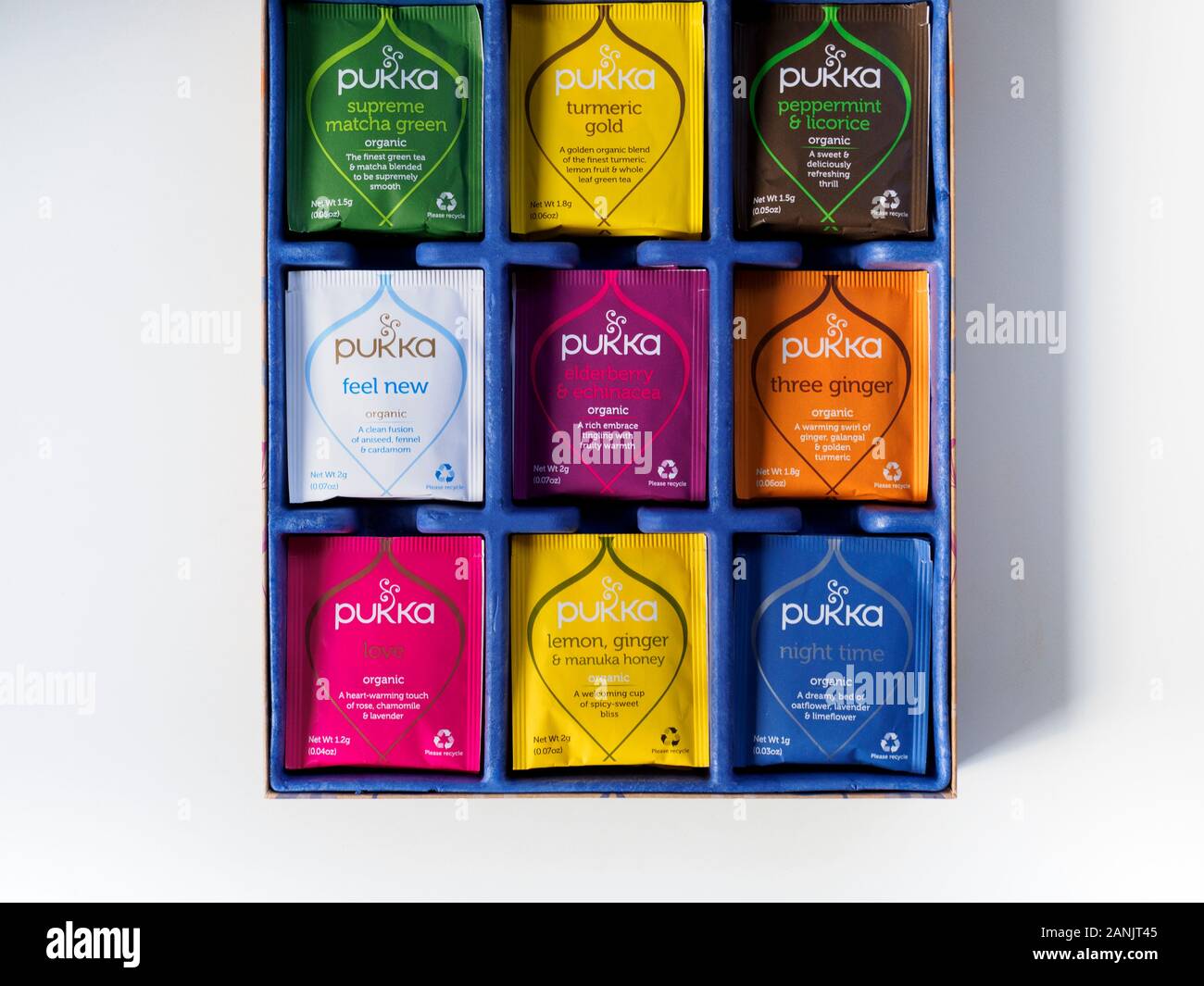 Overhead shot of selection of organic herbal tea box packaged from ...