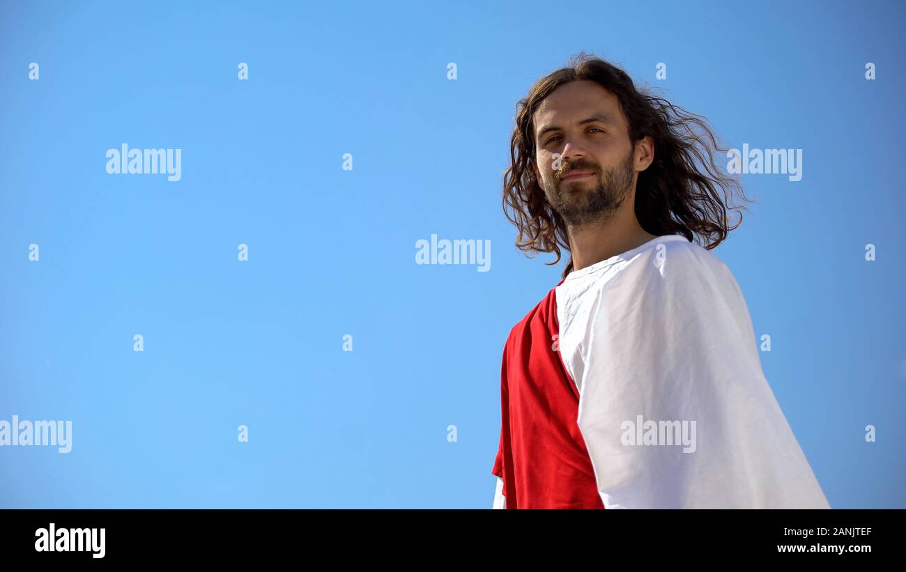 God smiling into camera, rejoicing righteous Christians, religion ...