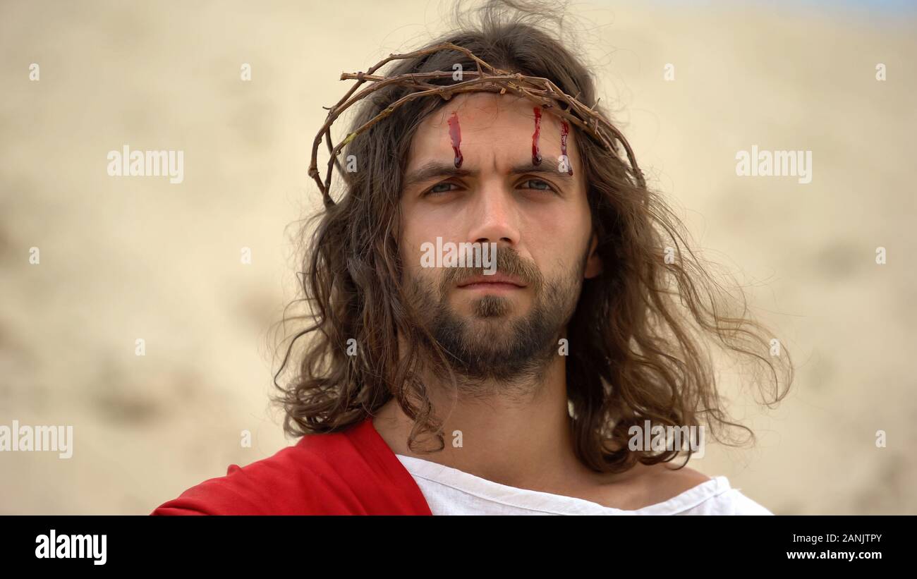 Drops of blood running down Jesus face, God looking on camera ...