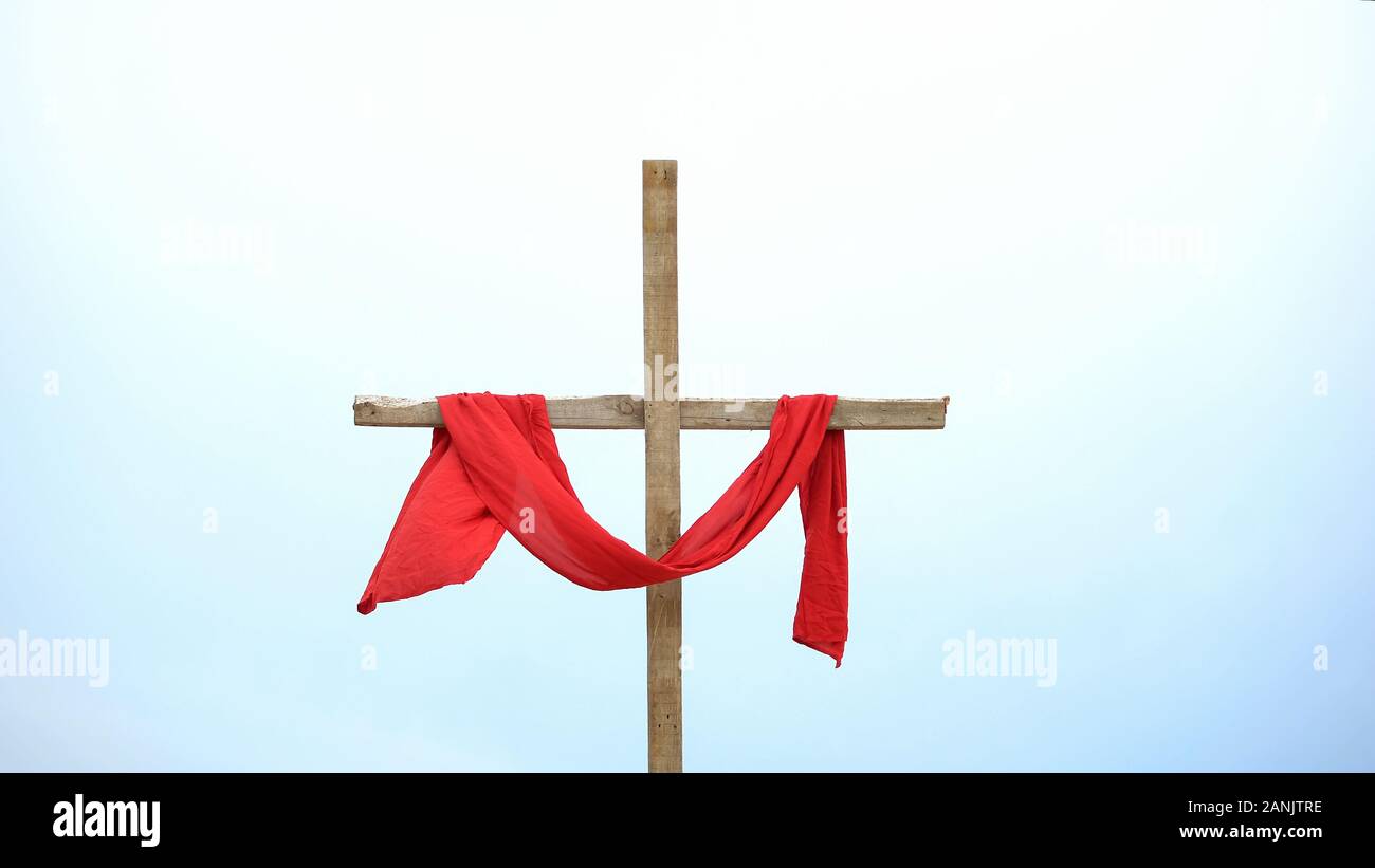 Jesus Cross With Red Cloth Wooden Cross Red Cloth Wrapped Around Stock
