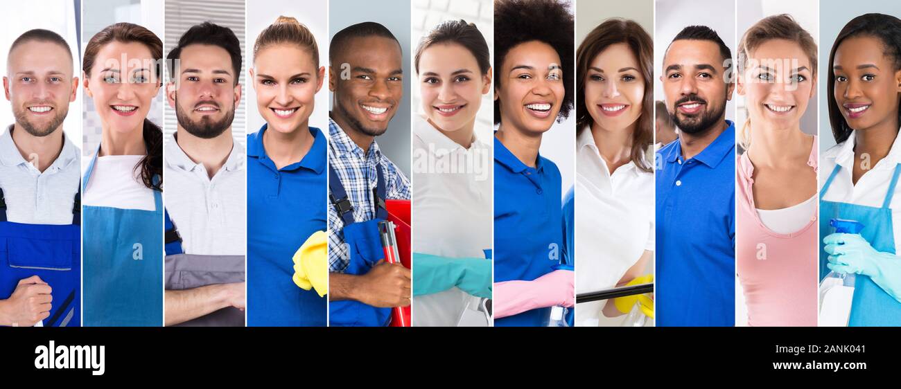 Collage Of Professional Cleaners. Diverse Group Of People Portraits ...
