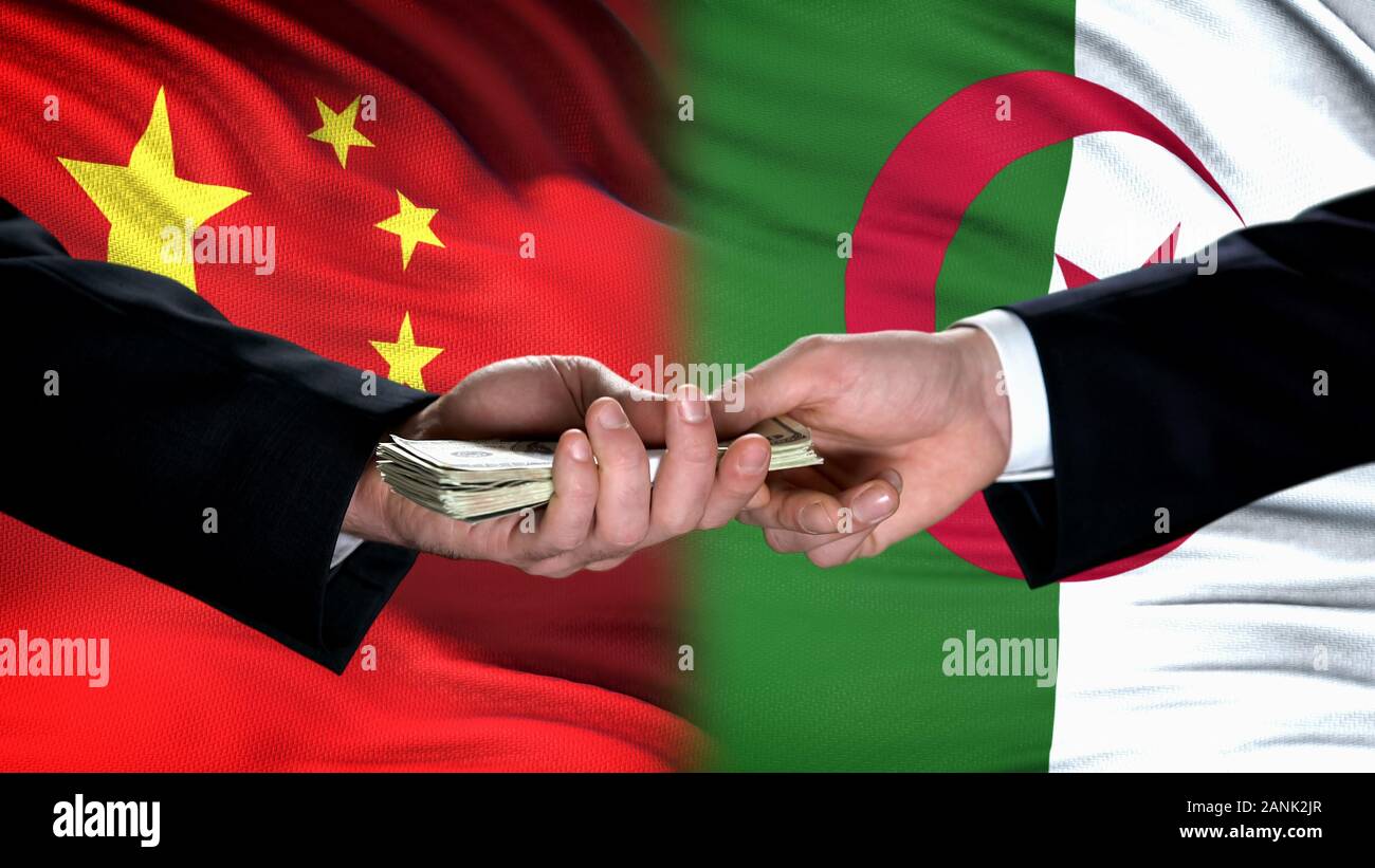 China and Algeria officials exchanging money, flag background ...
