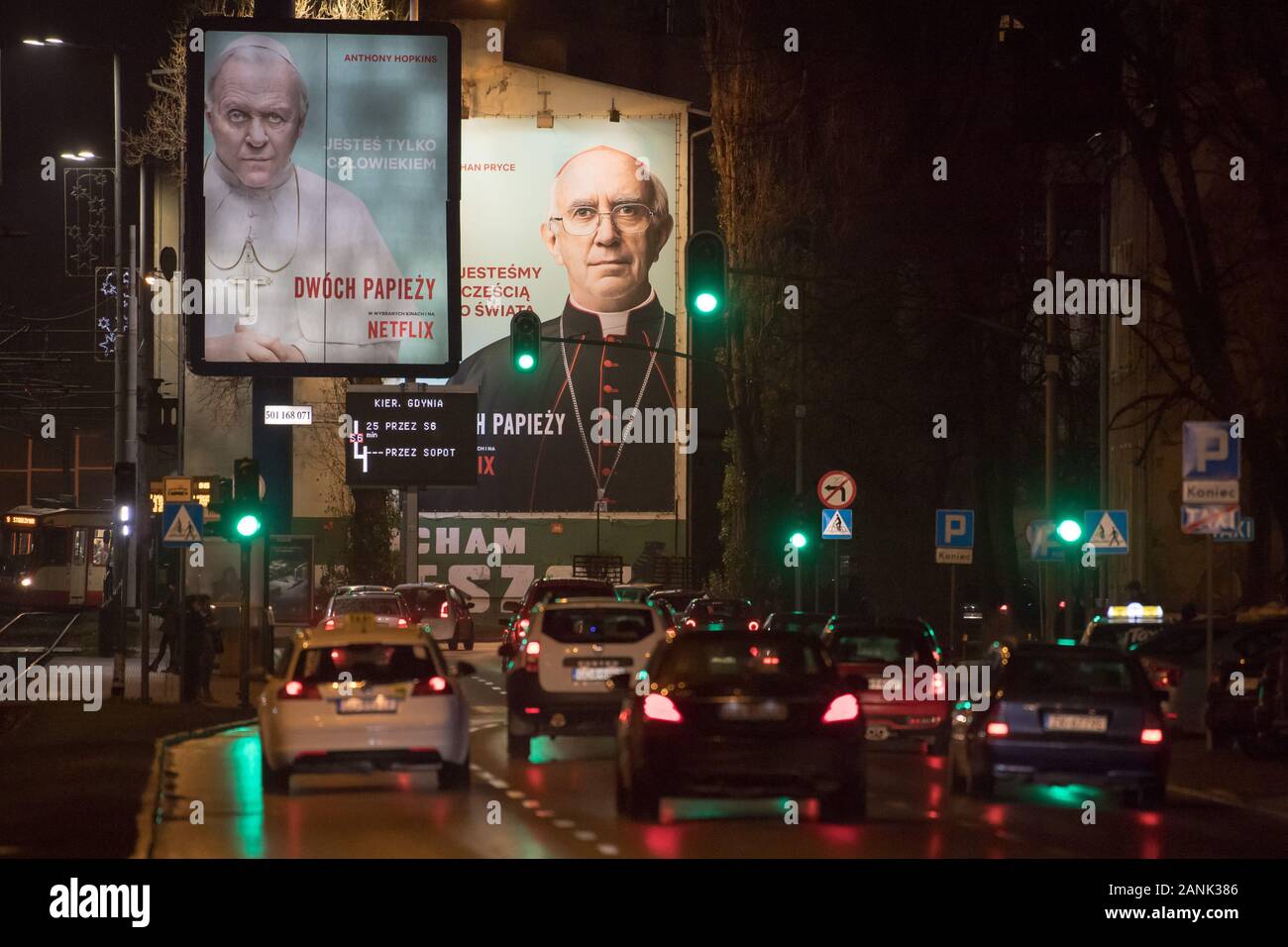 Bilboard with Anthony Hopkins as pope Benedict XVI and Jonathan Pryce ...