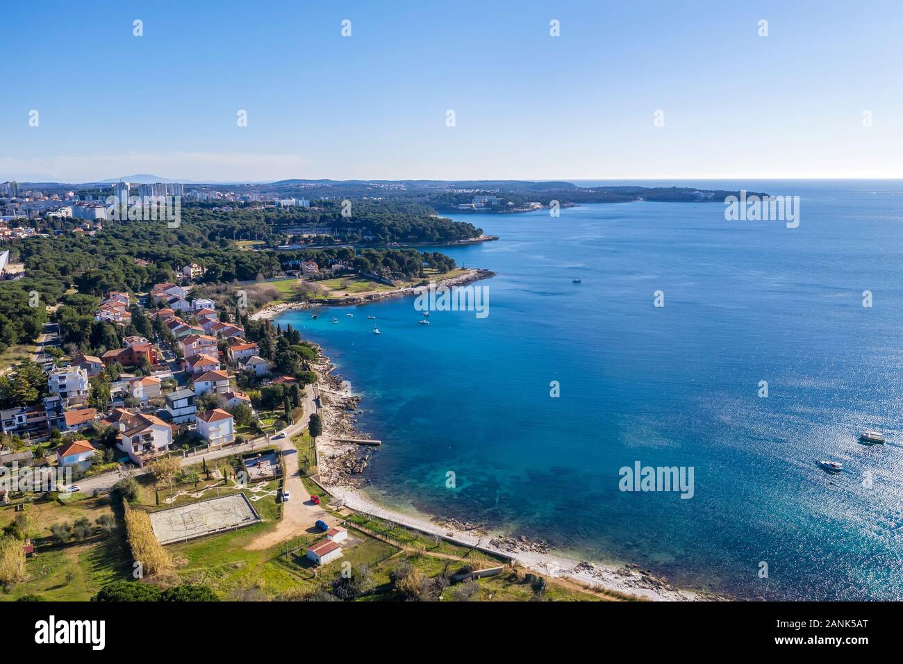 an aerial photo of Pula from the Stoja area peninsula, Istria, Croatia ...