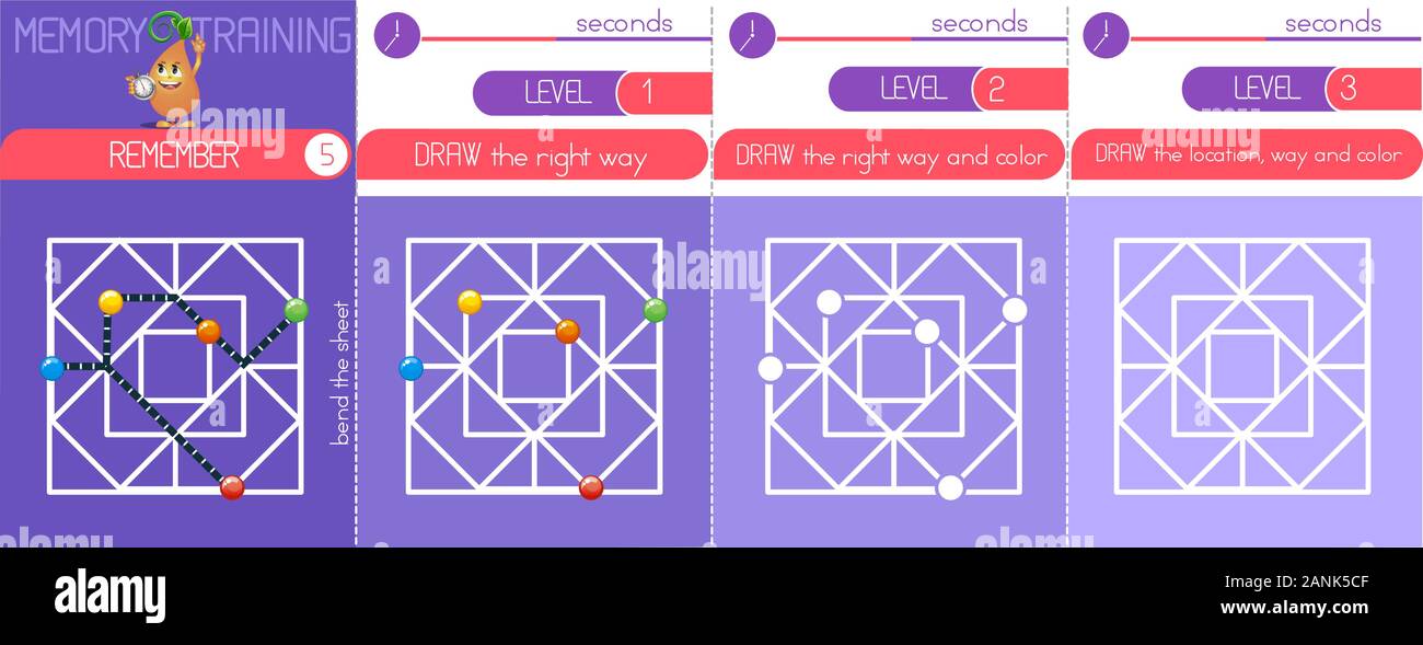 Memory game children and adults. Remember and draw colour and way ...