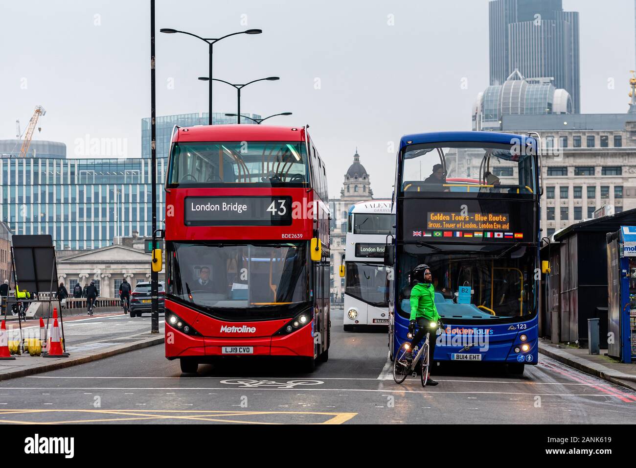 London, England, UK - December 31, 2019: Several traditional double ...