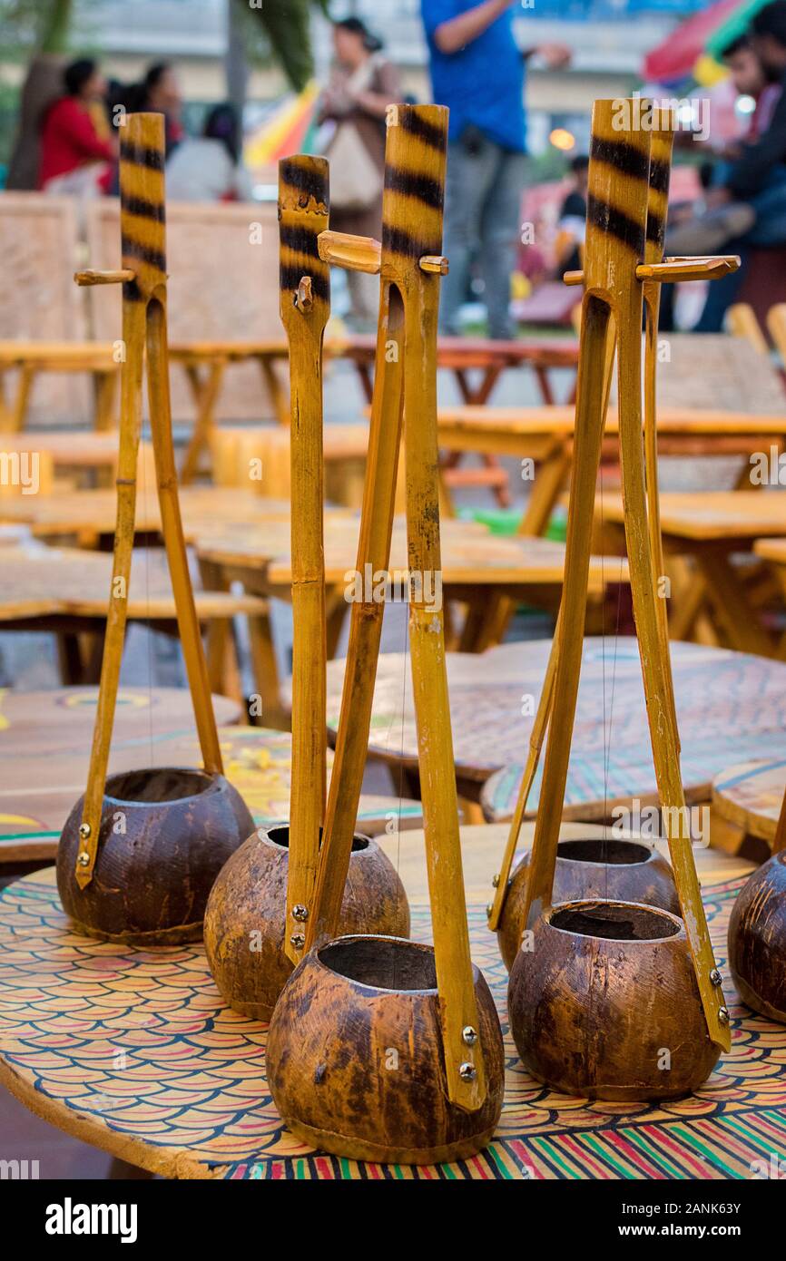 Indian traditional handmade monochords isolated on blurred background ...