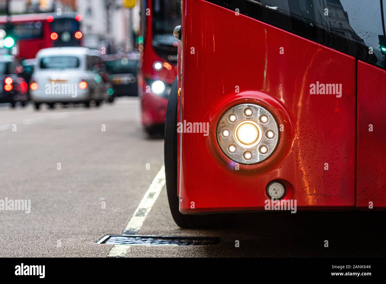 London, England, UK - December 31, 2019: Close-up of a red double ...