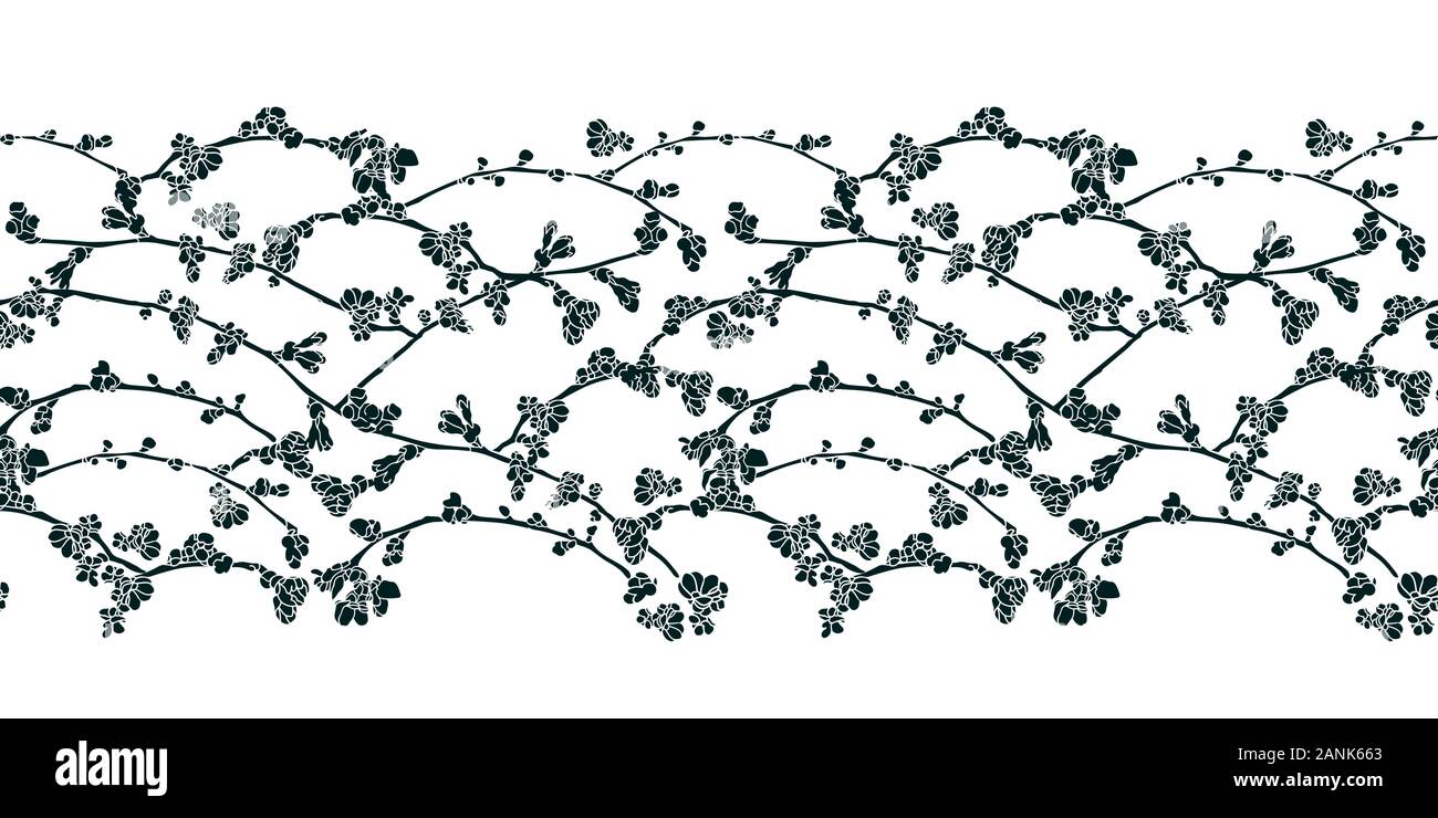 Vector realistic botany cherry tree repeat border with spring floral ...