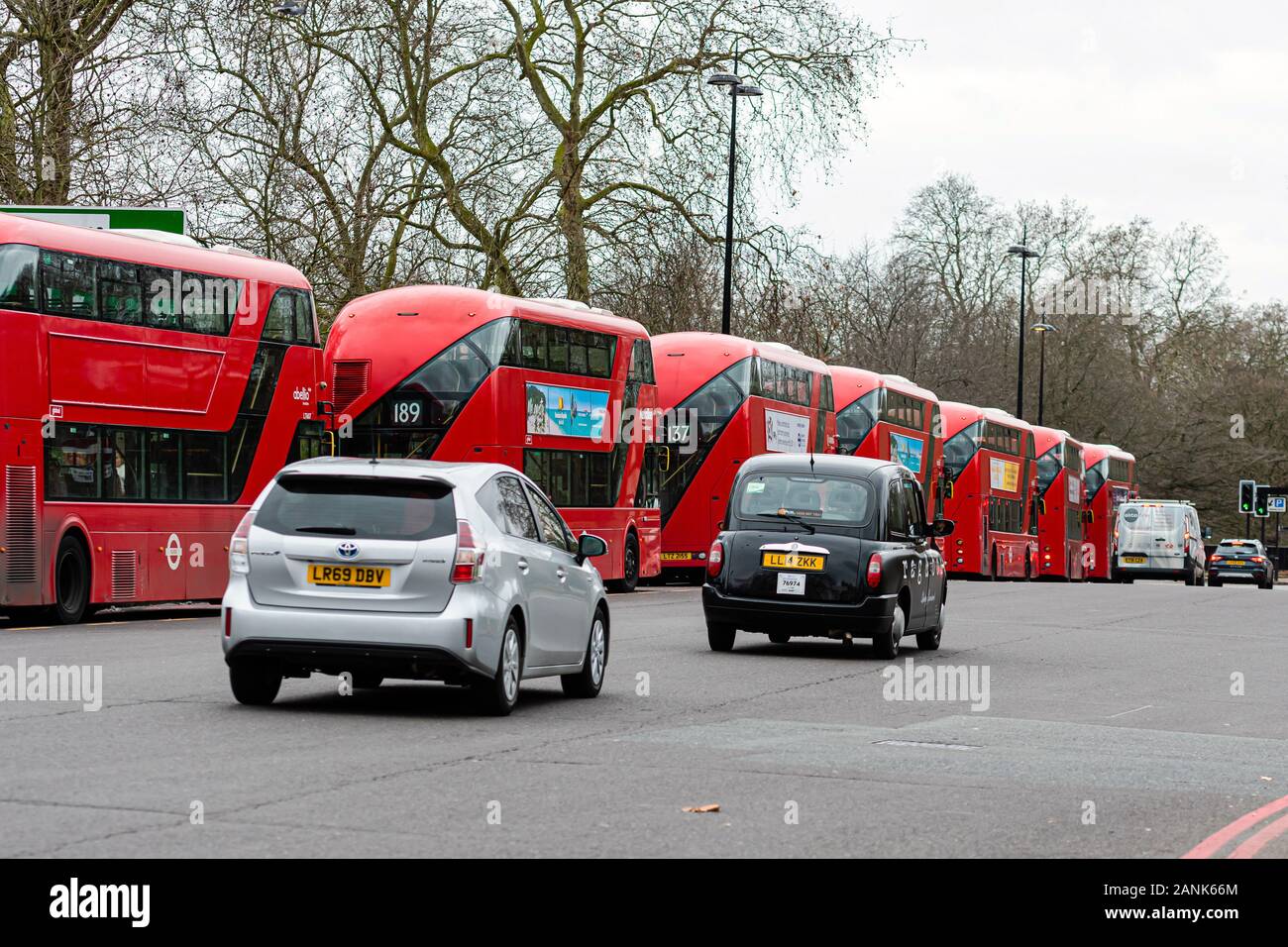 London, England, UK - January 2, 2020: Red double decker buses and ...