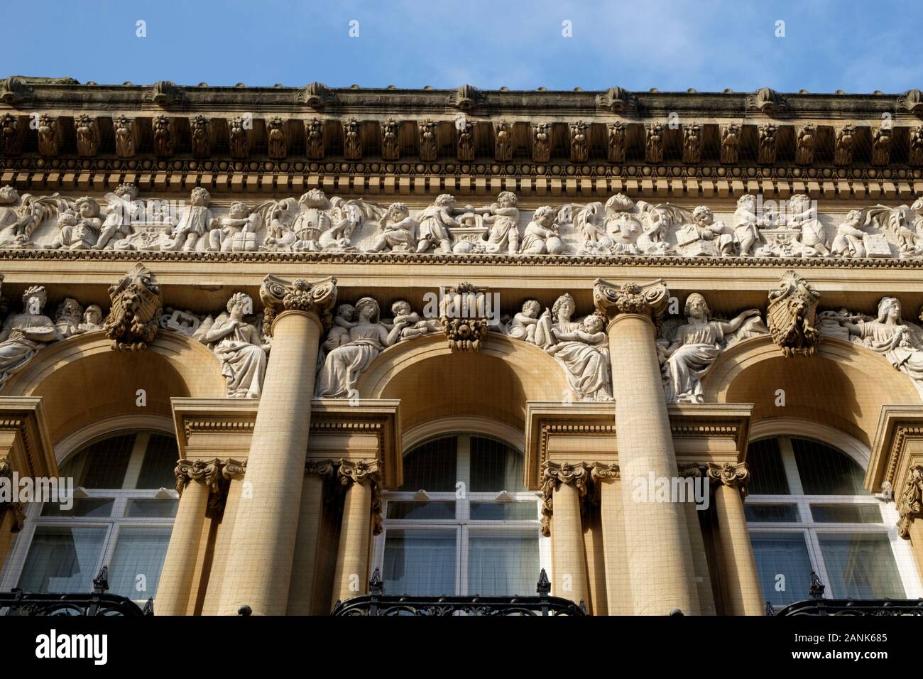 The carved stone Frieze on the Harbour Hotel in Corn st, Bristol UK ...