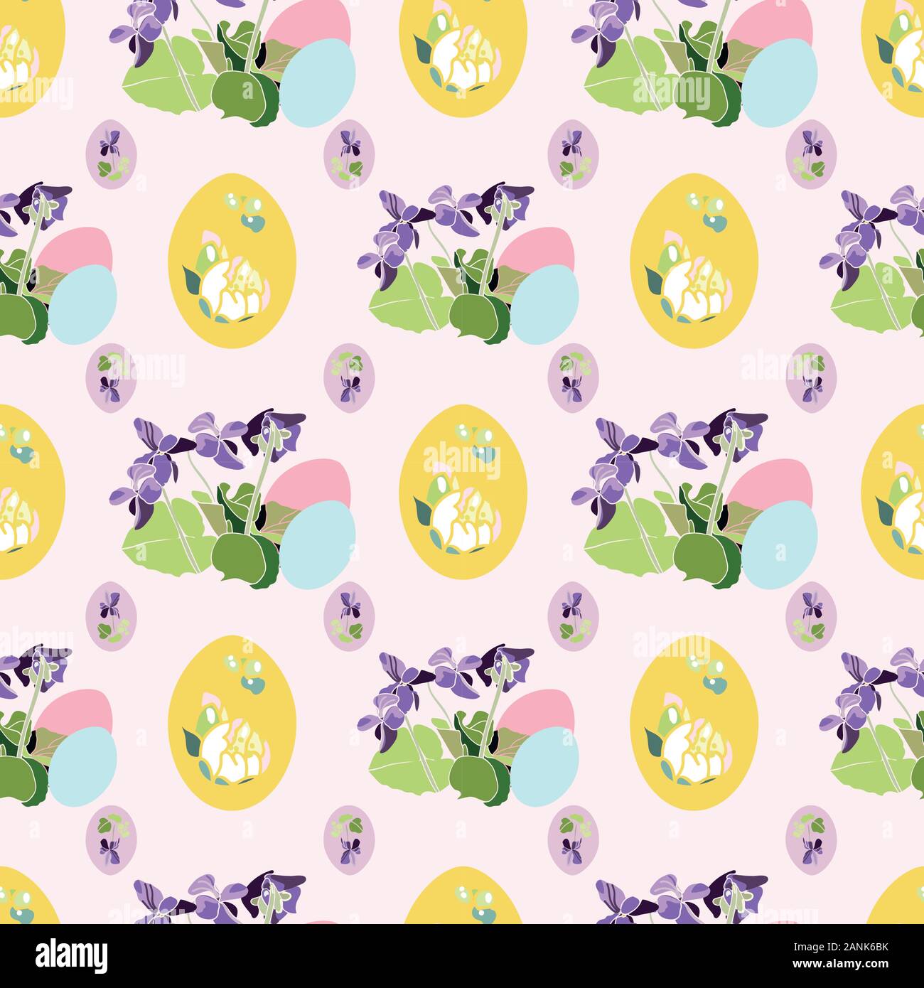 Vector realistic botany easter repeat pattern with violet, easter egg ...