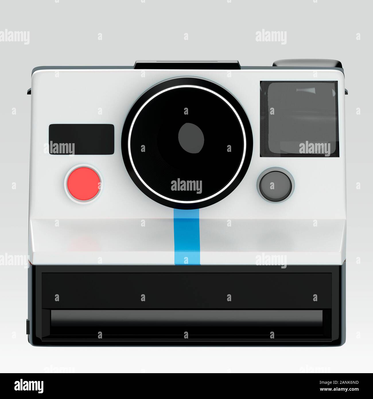 Vintage instant camera, front side view. Evenly lit on a clean white ...