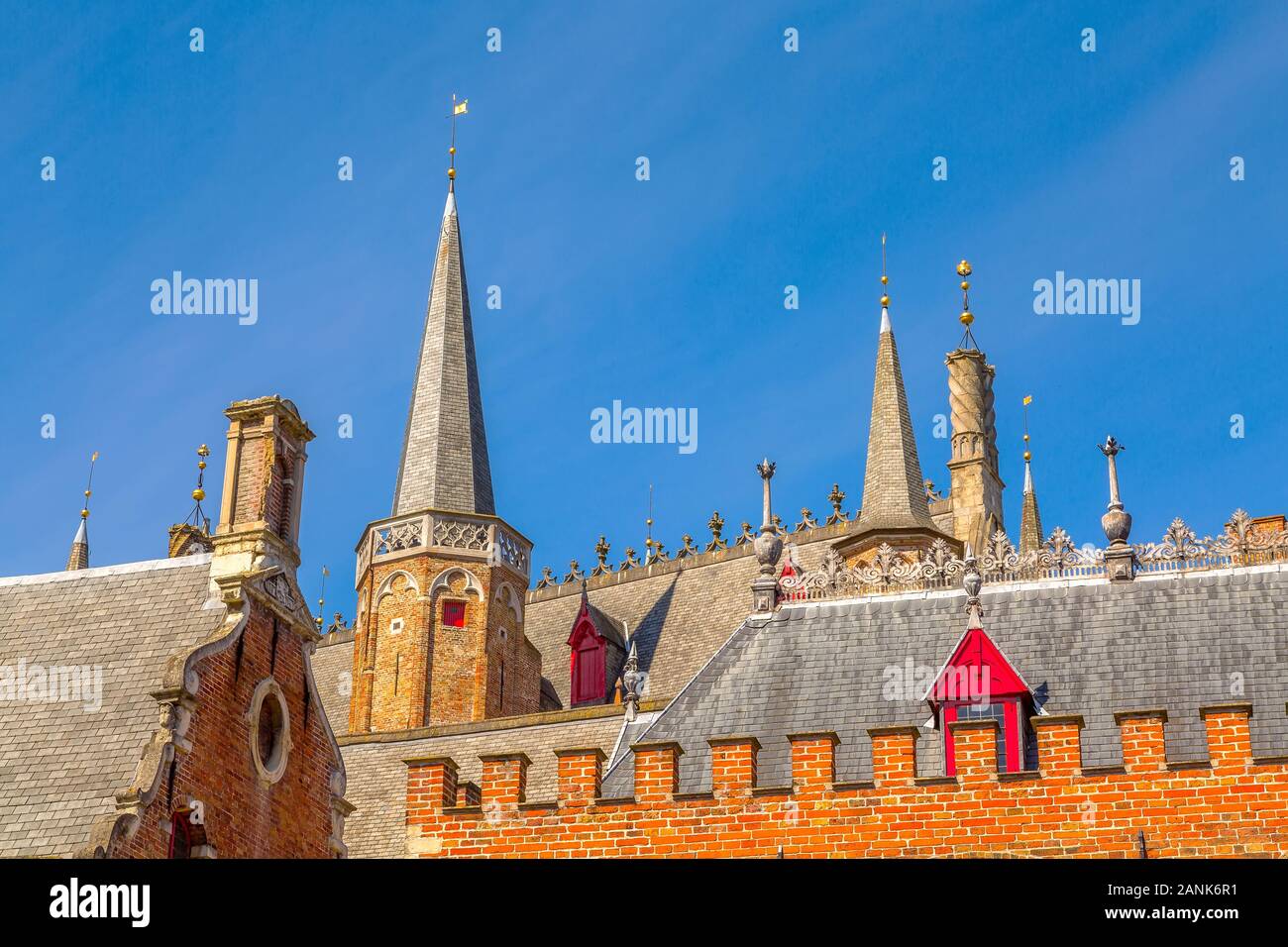 Bruges, Belgium traditional close-up medieval brick house exterior ...