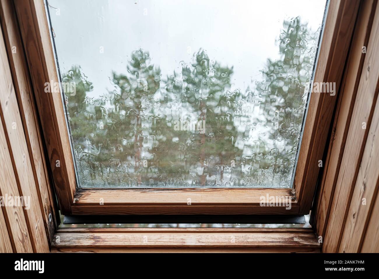 An ajar roof window in the attic, with raindrops dripping down the ...