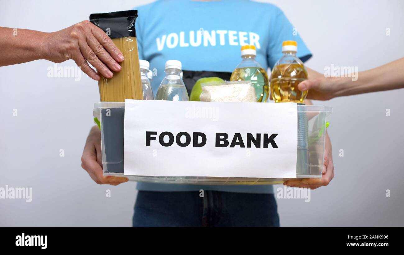 Volunteer holding food bank container, hands putting provision in box ...