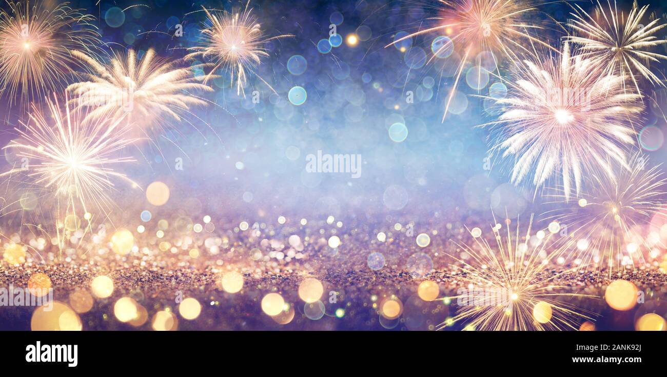 Abstract Golden Glitter Background With Fireworks Stock Photo - Alamy