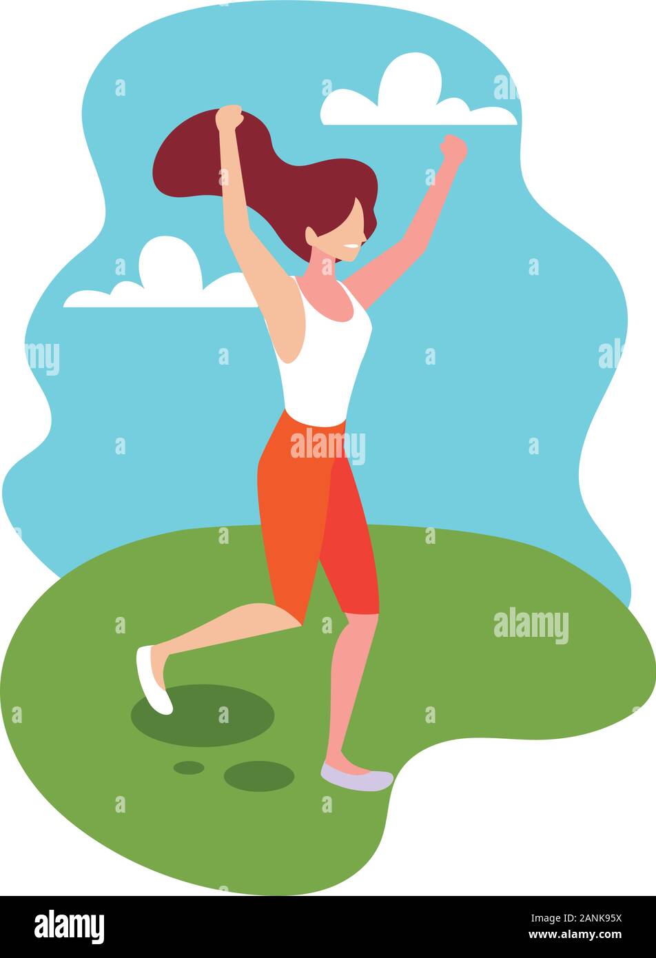 woman in pose of dancing with landscape background vector illustration ...