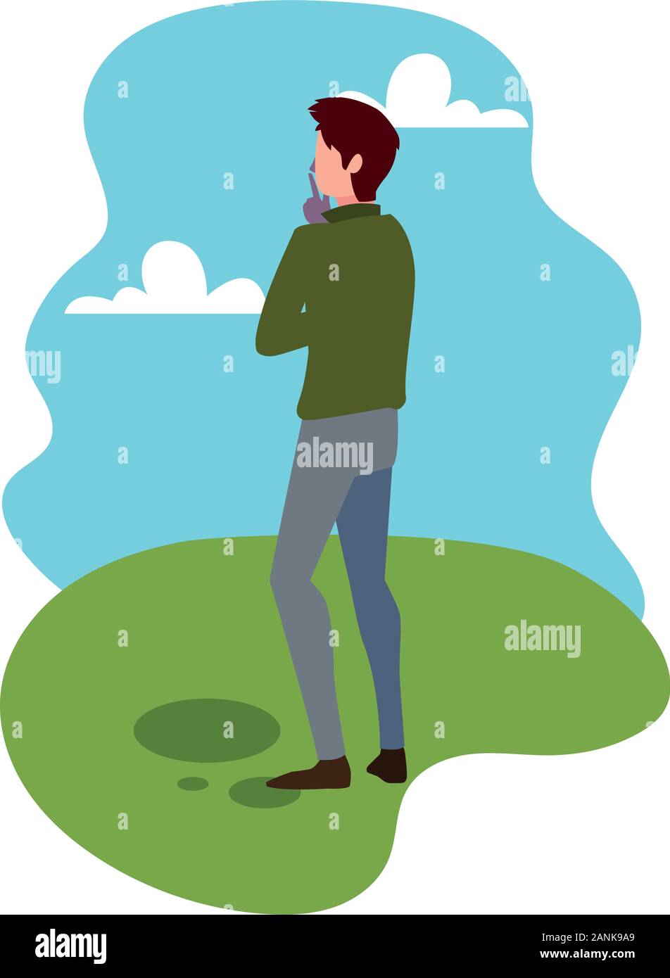 young man of back position on background landscape vector illustration ...